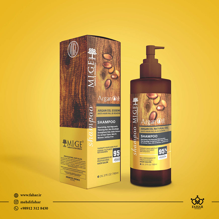 MIGE argan shampoo label and packaging design portfolio – FAHAR STUDIO